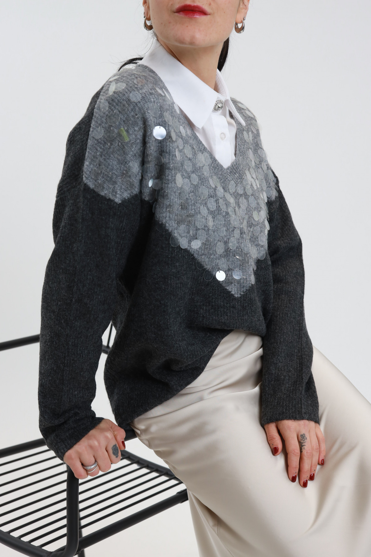V-Neck Sweater With Large Sequins
